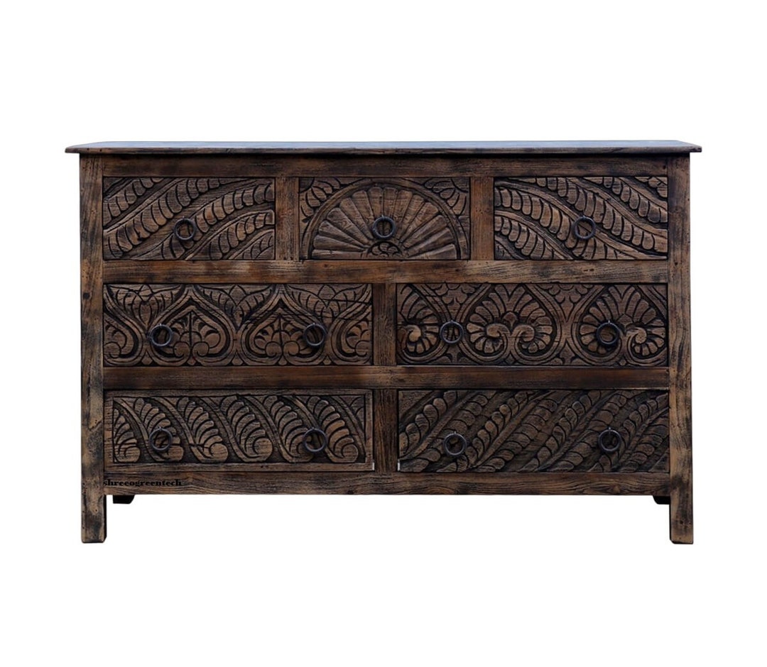 Wooden Beautiful Carved Drawer-chest in Brown Finish, Handicraft ...