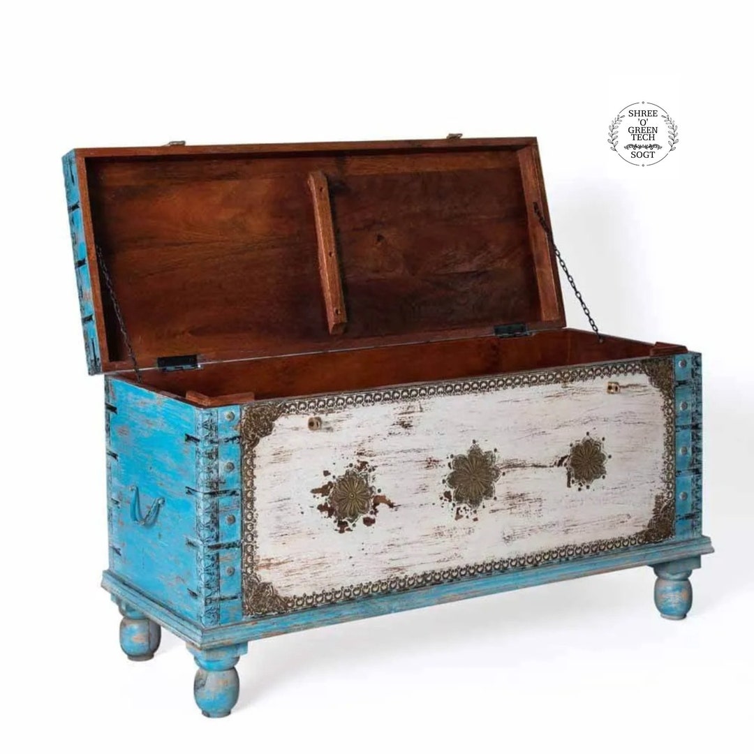 Wooden Beautiful Distress Trunk Box, Home Living Storage Box, Brass ...