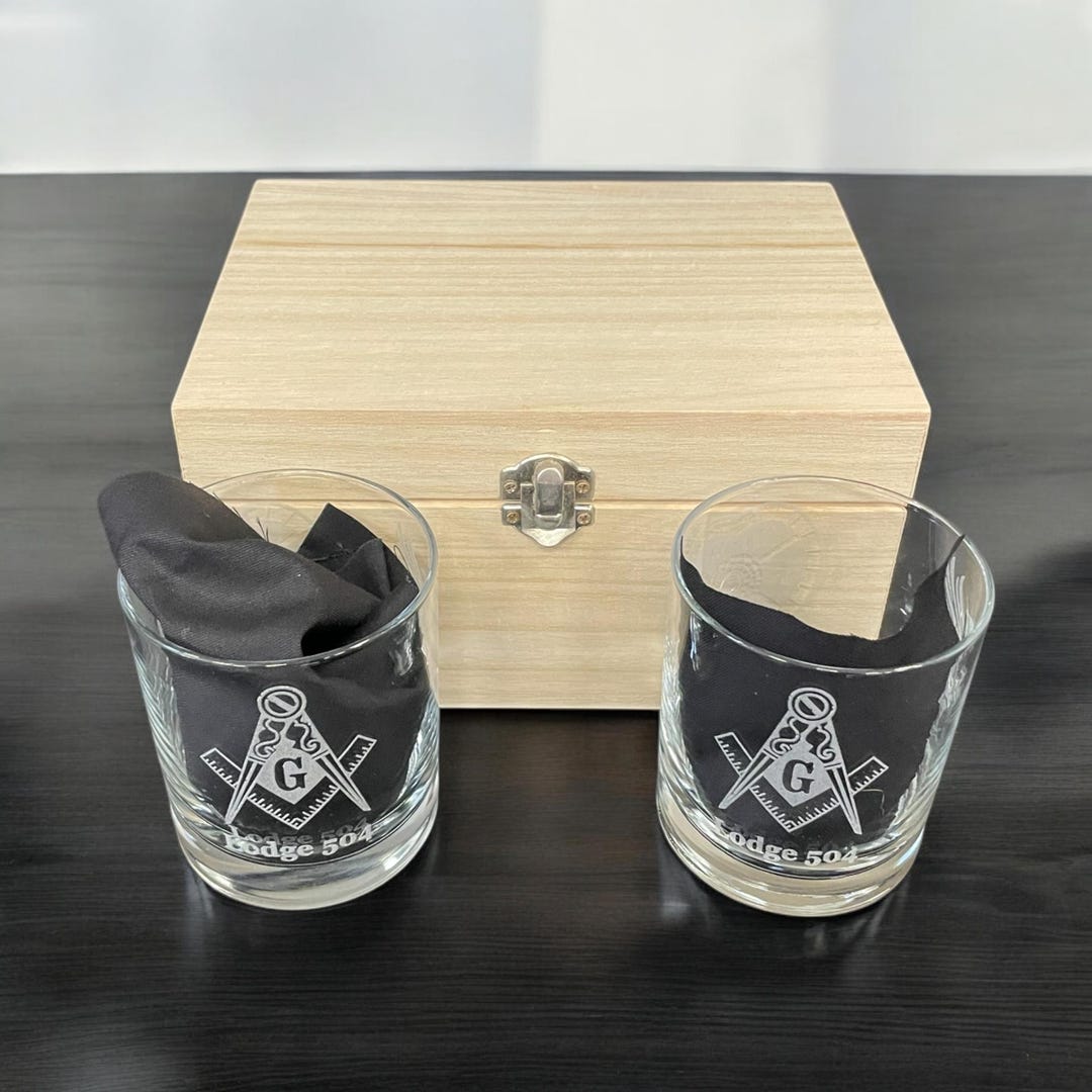 Engraved Masonic Whisky Glasses, Wooden Box, Personalised Freemason ...