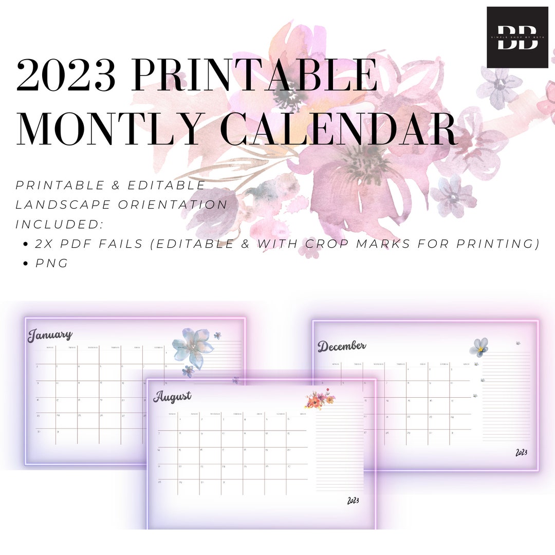 2023 Printable Calendar Landscape, Minimalist Monthly Calendar 2023 ...