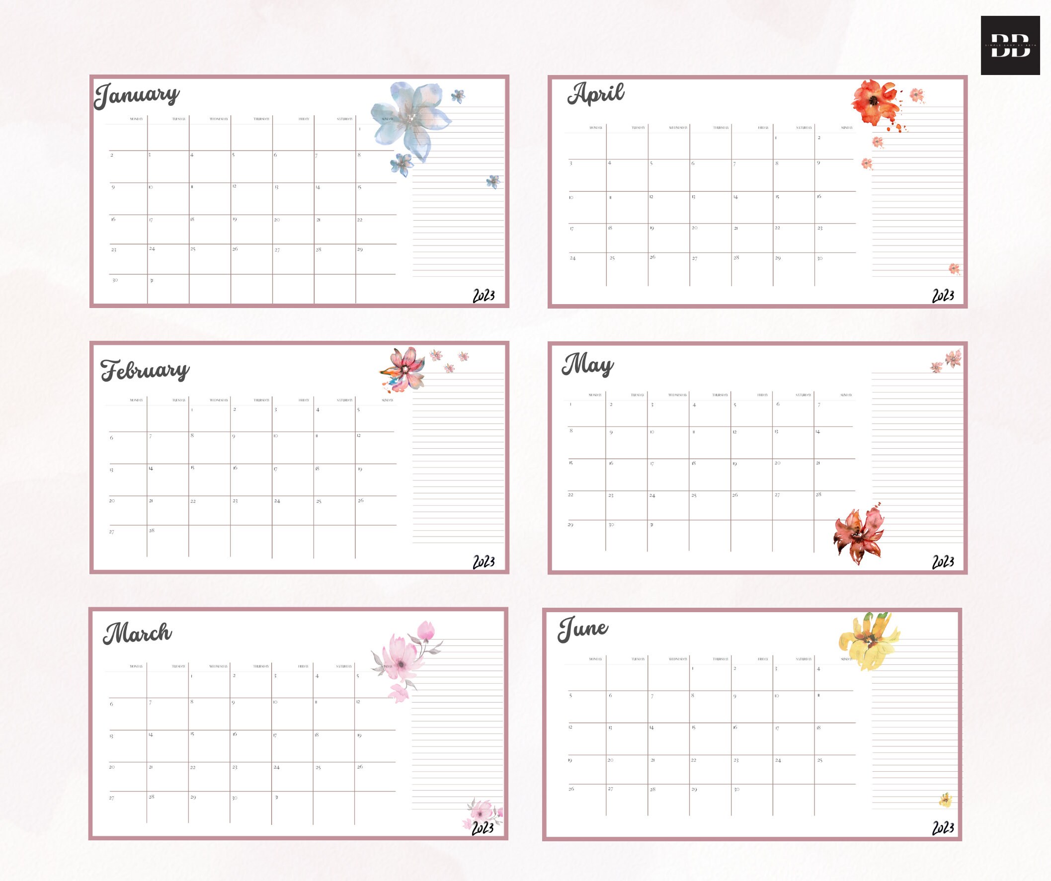 2023 Printable Calendar Landscape, Minimalist Monthly Calendar 2023 ...