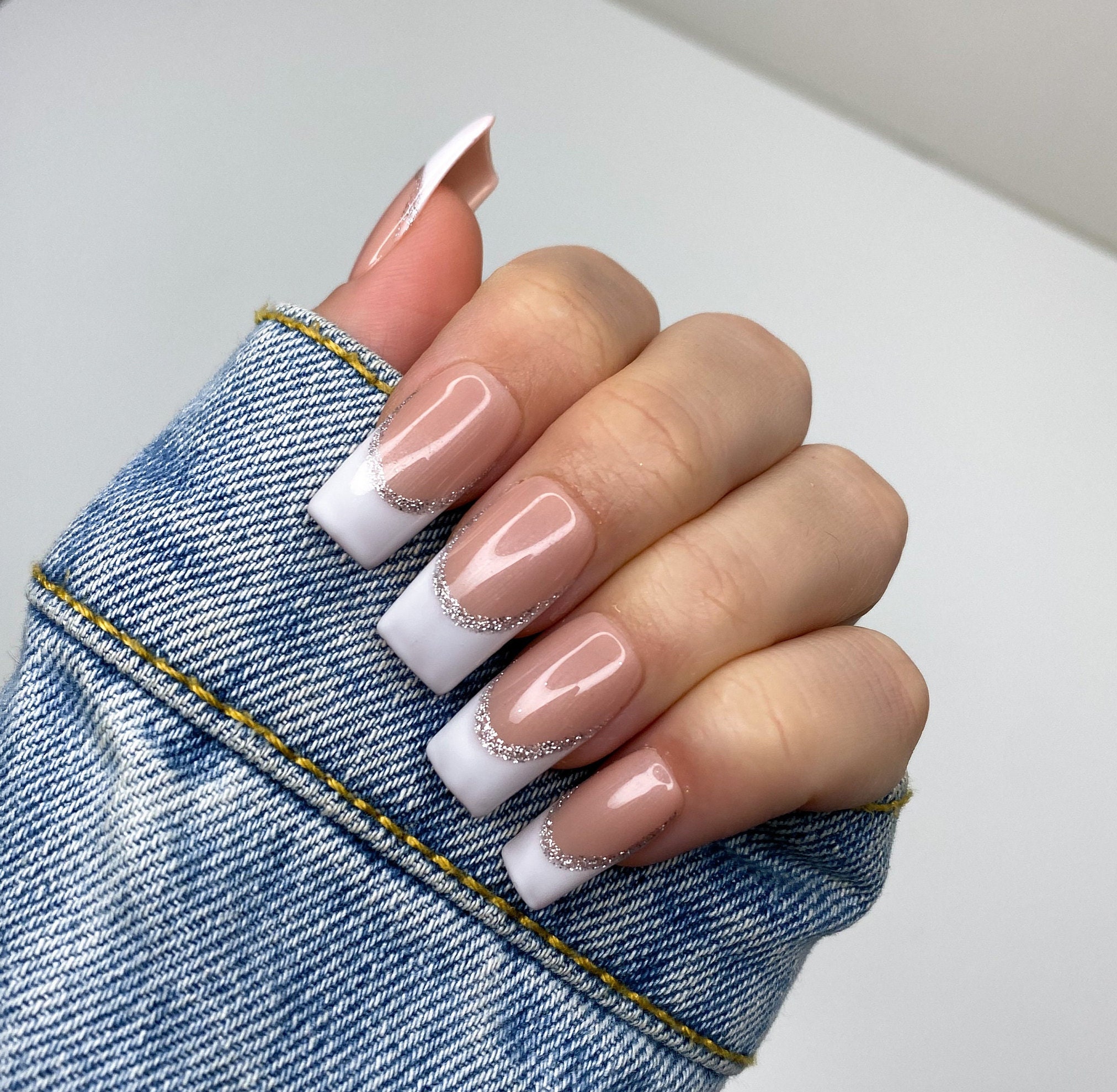 White French Tips With Silver Glitter Lining | French Tips Nails ...