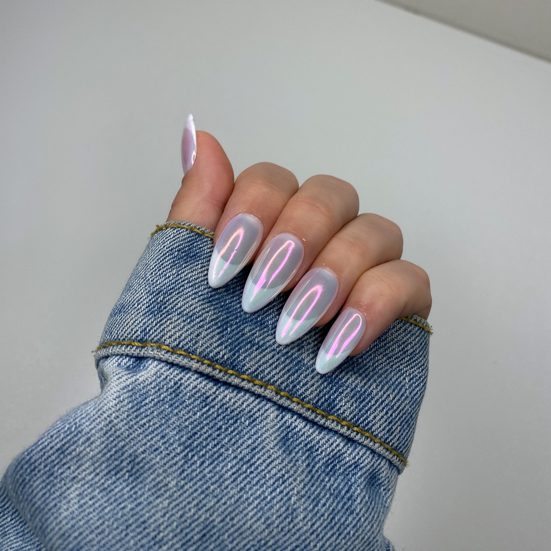 Chrome Milky French Tips White French Tips Nails Press on Nails Almond ...