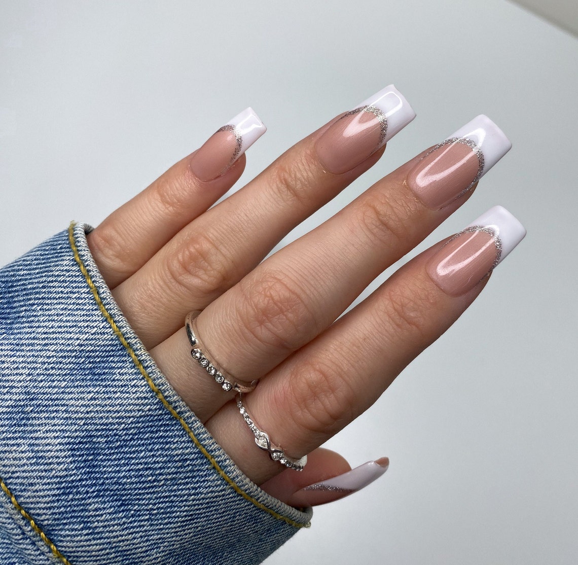 White French Tips With Silver Glitter Lining | French Tips Nails ...