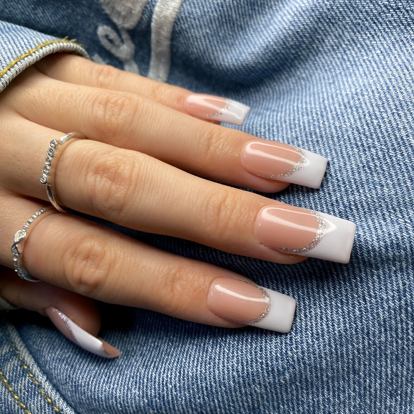 White French Tips With Silver Glitter Lining | French Tips Nails ...