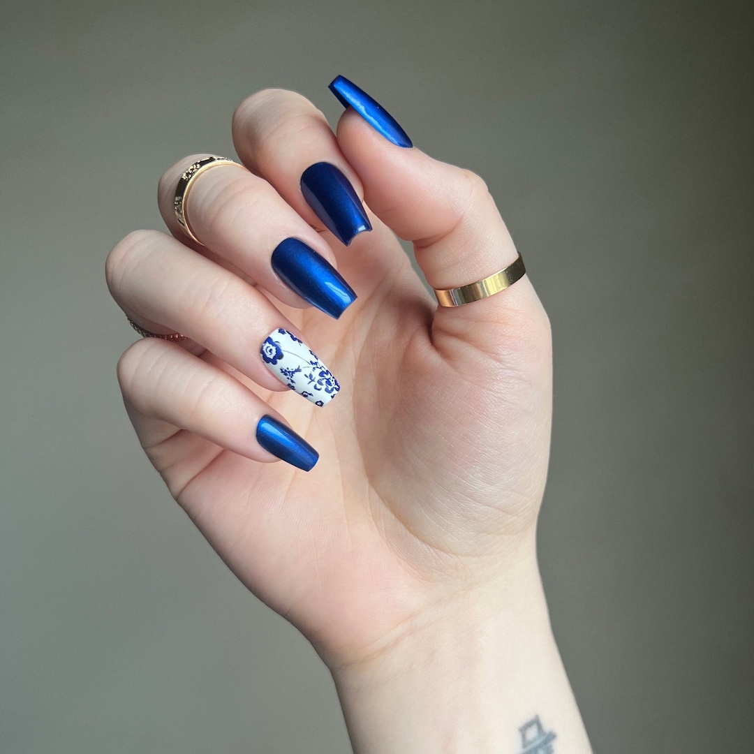 PORCELAIN CHINA NAILS Blue Shimmer Press on Nails Stiletto Almond ...
