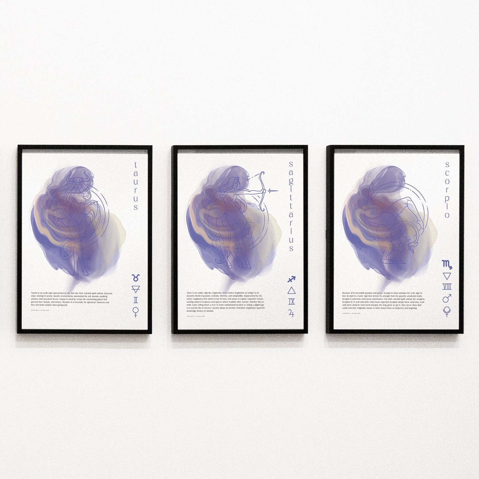 Zodiac Symbols Watercolor Wall Art, Zodiac Signs Boho Design, Celestial ...