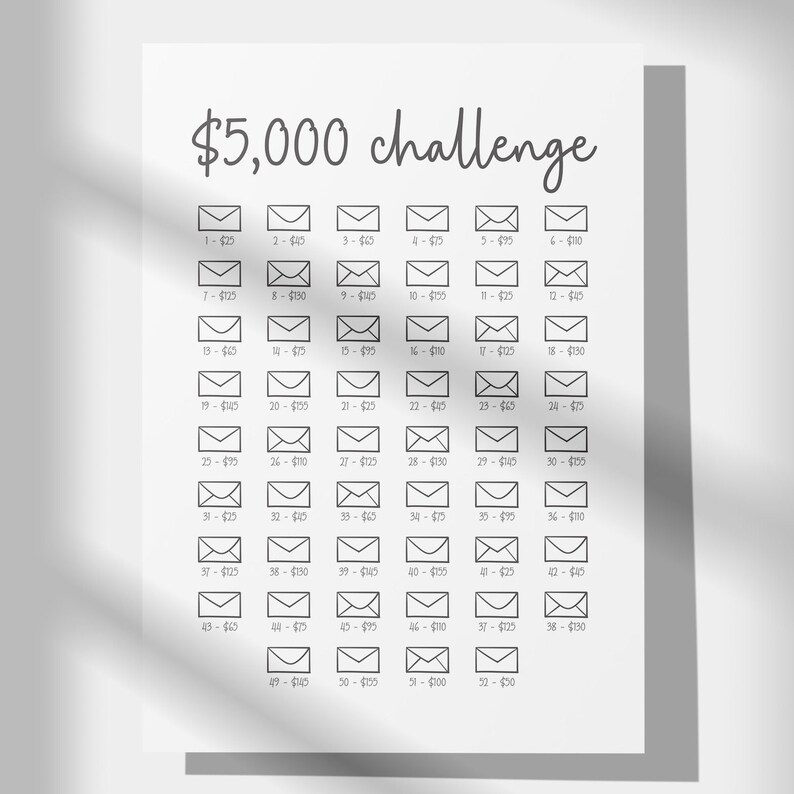 5K Savings Challenge, 52 Envelope Challenge for 5000 Savings, Printable ...