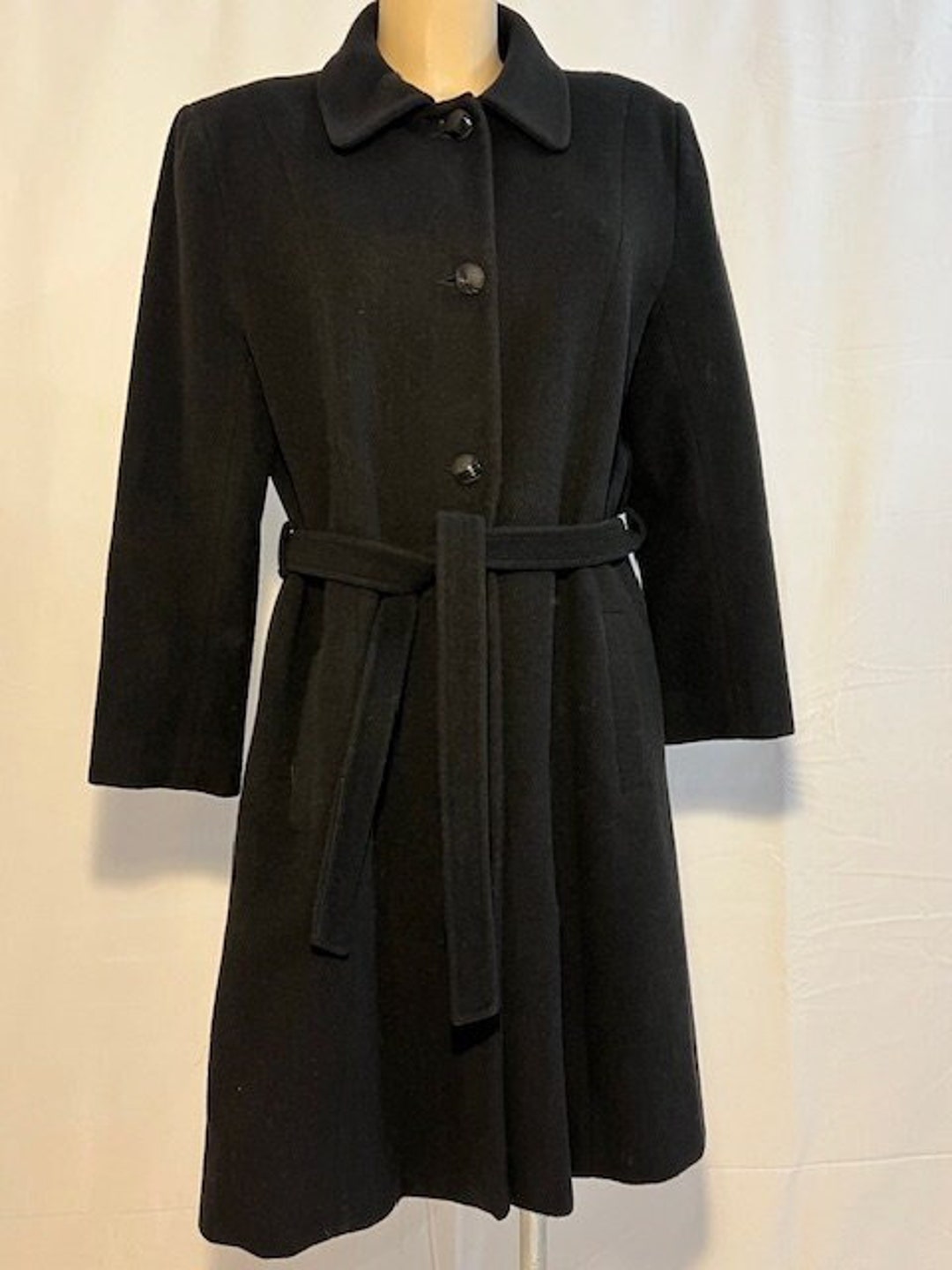 Vintage Black Coat, Preowned A Line Coat With Small Collar Neck, Belted ...