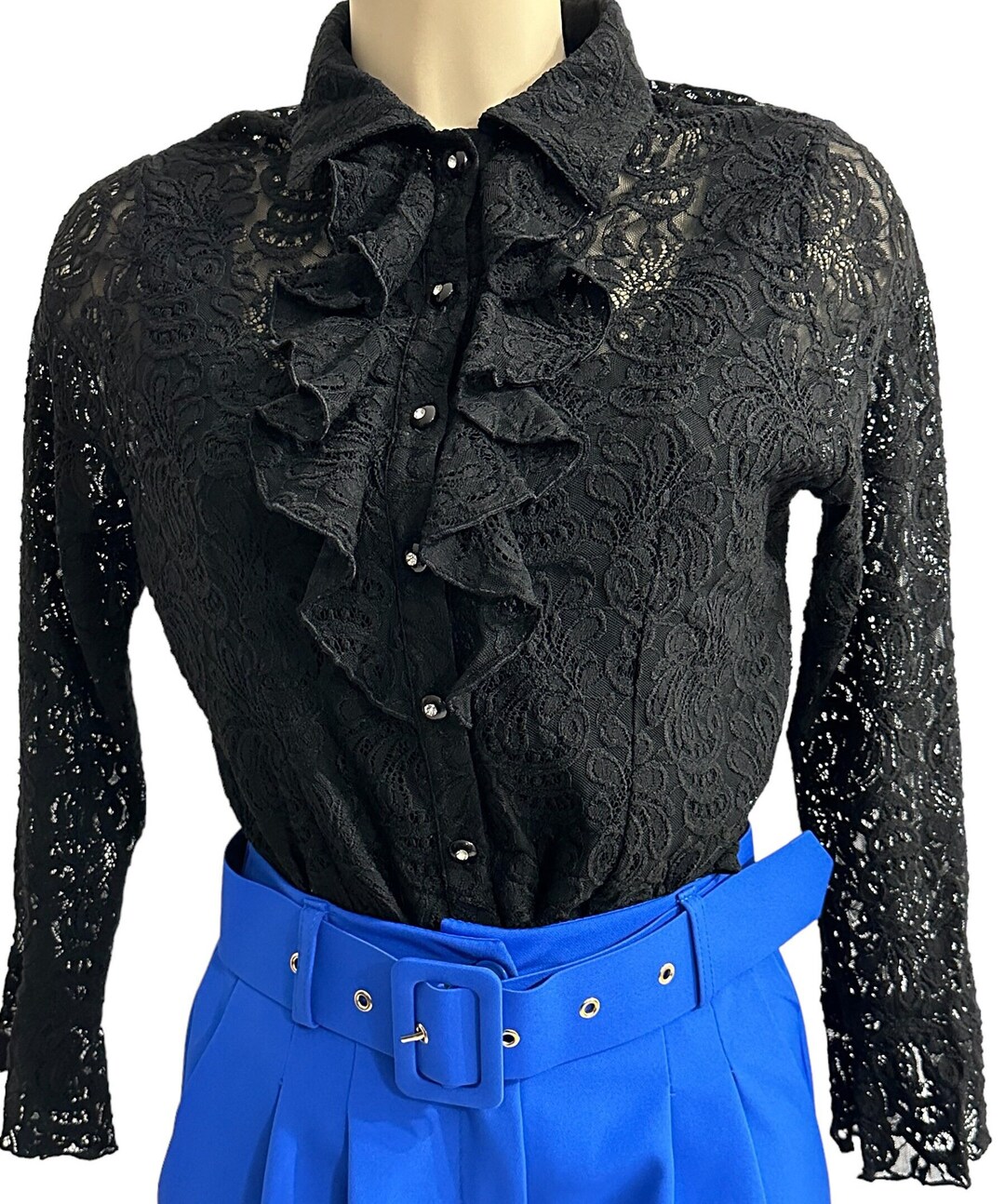 Vintage Lace Shirt, Black Ruffle Shirt, Lace Women's Shirt in ...