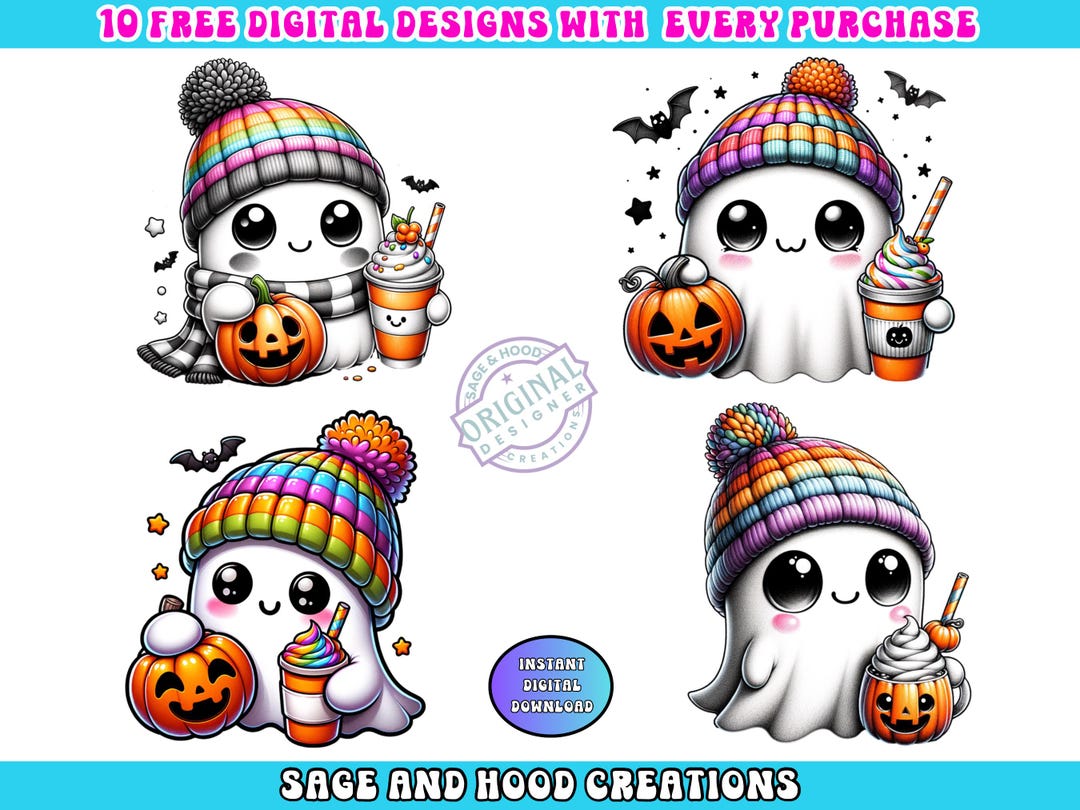 Cute Ghosts With Pumpkin Coffee,here for the Boos, Kawaii Ghost Clipart ...
