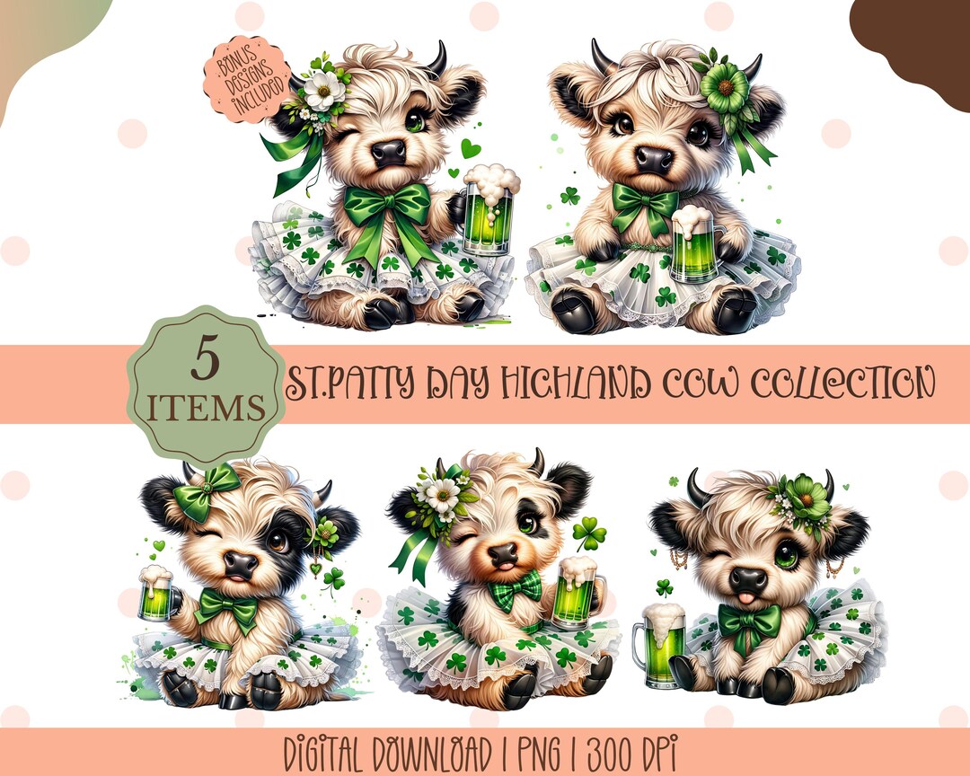 St. Patricks Day Highland Cow Bundle Png,highland Cow Clipart,st. Patty ...