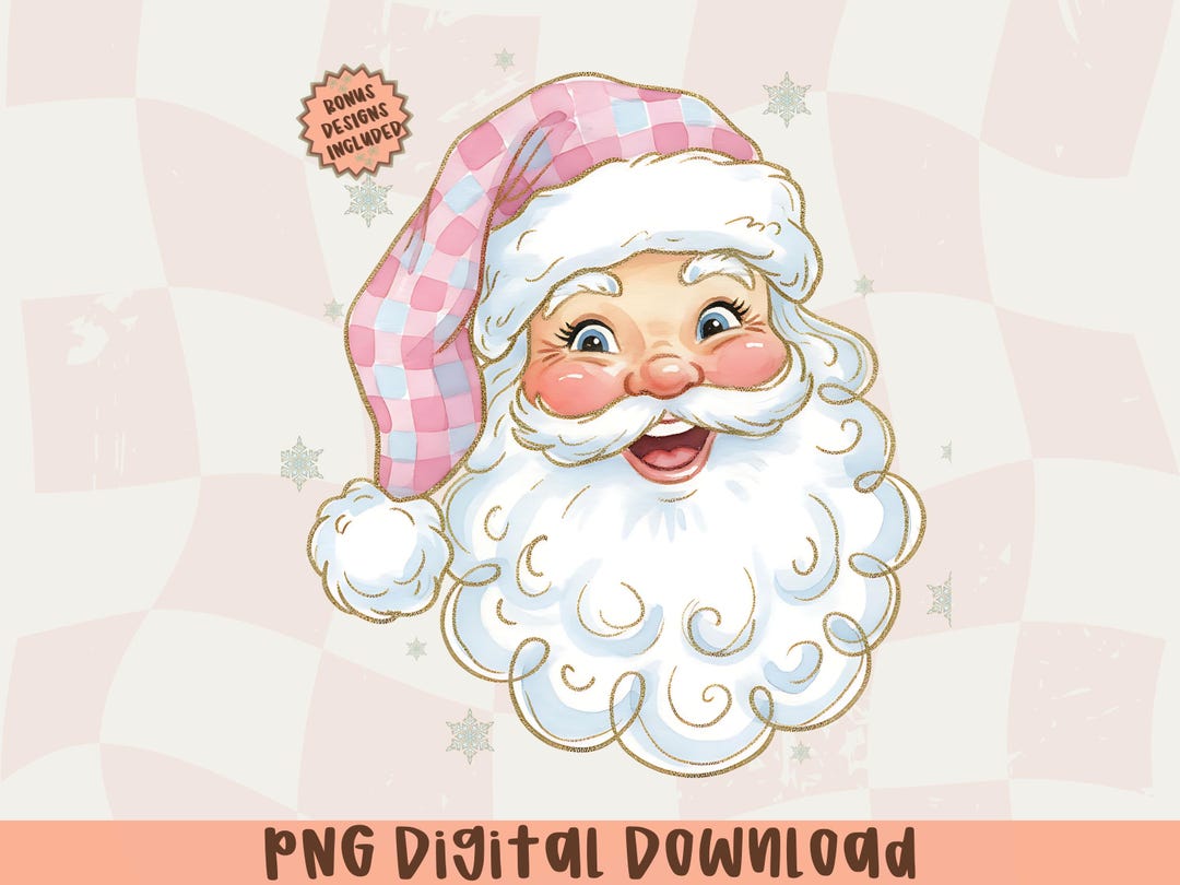 Preppy Santa PNG, Pink Gingham Hat, Retro Christmas Clipart (digital ...