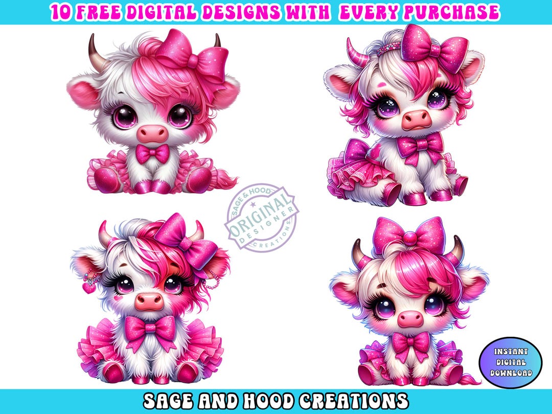 Kawaii Pink Bow Baby Cow PNG, Cute Farm Animal Clipart for T-shirts ...