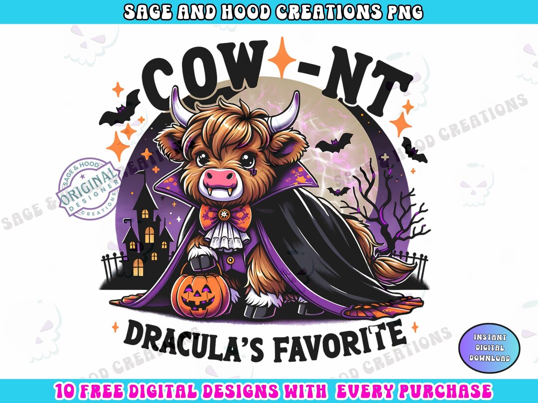 Dracula Highland Cow Halloween Digital Design,cute Vampire Png ...