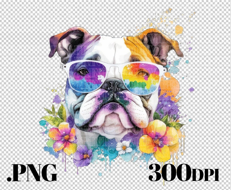 Rainbow Bulldog With Sunglasses and Flowers for Sublimation DTF DTG ...