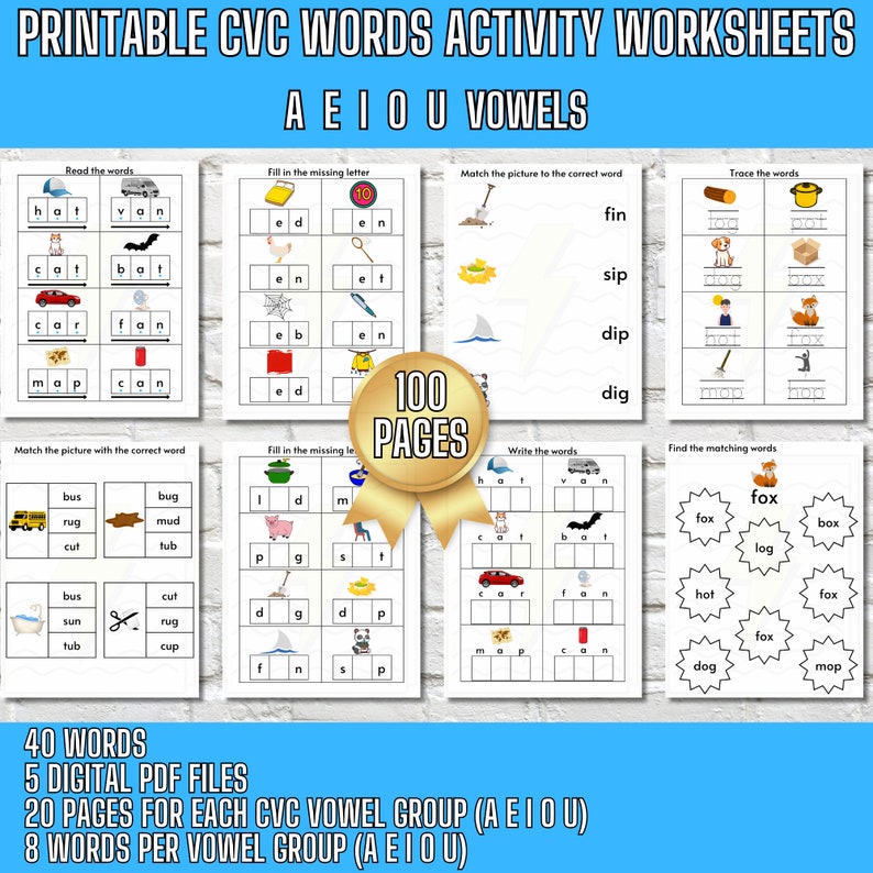 CVC Words Worksheets Bundle, AEIOU Vowel CVC Words With Pictures ...