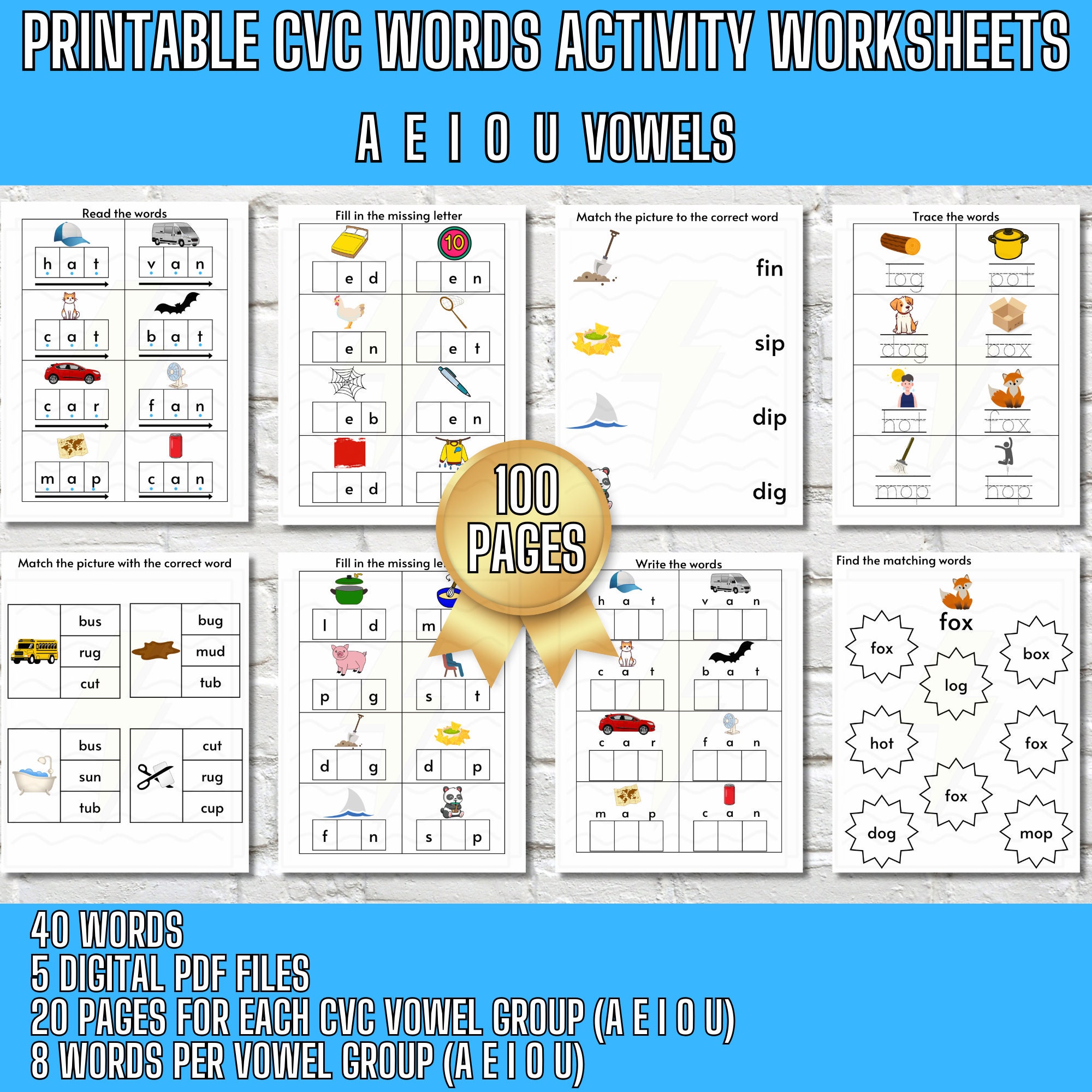 CVC Words Worksheets Bundle, AEIOU Vowel CVC Words With Pictures ...