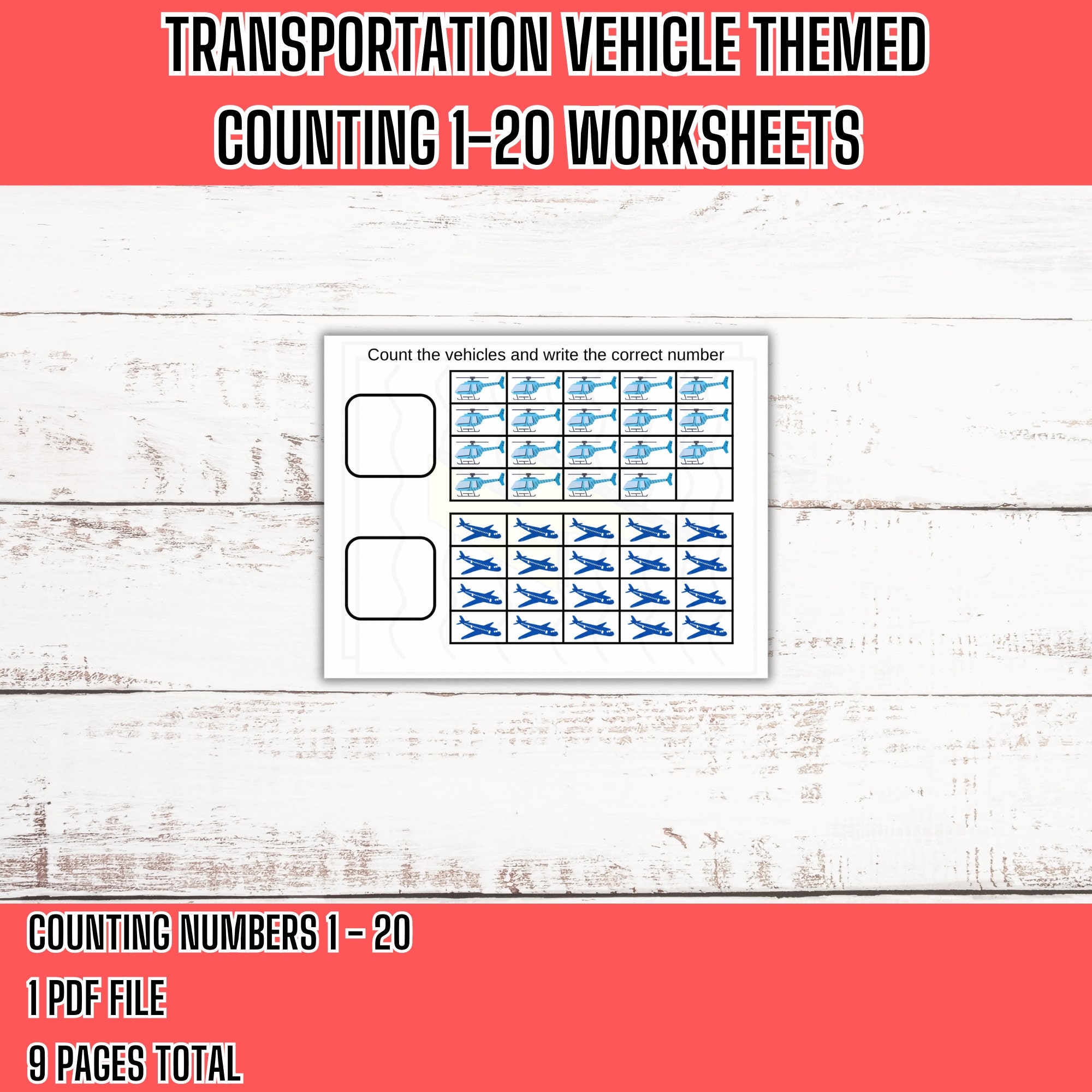 Number Counting Worksheets, Transportation Vehicles, Digital Printable ...