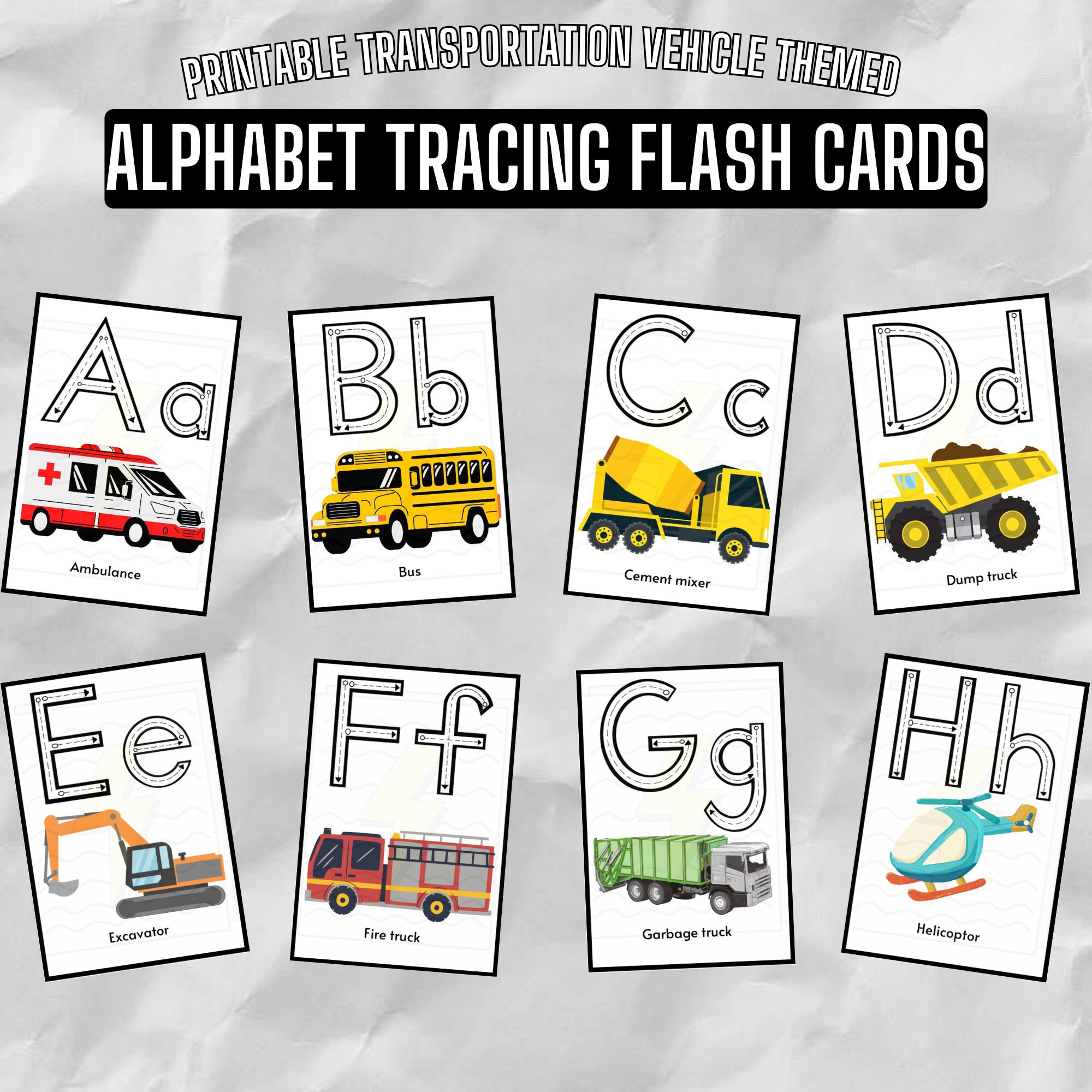Alphabet Flash Cards, Printable Transportation Vehicle Alphabet Tracing ...