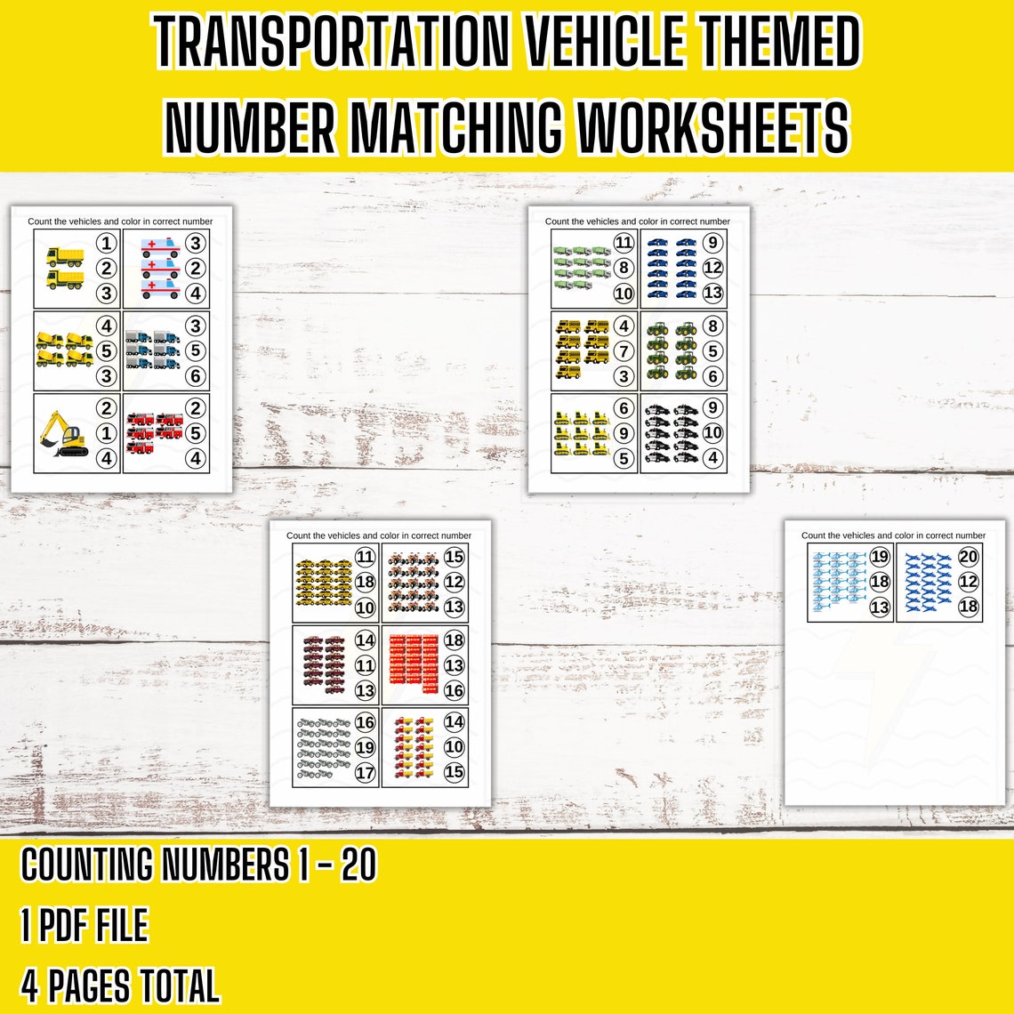 Counting Numbers Worksheets, Transportation Vehicles, Number Matching ...