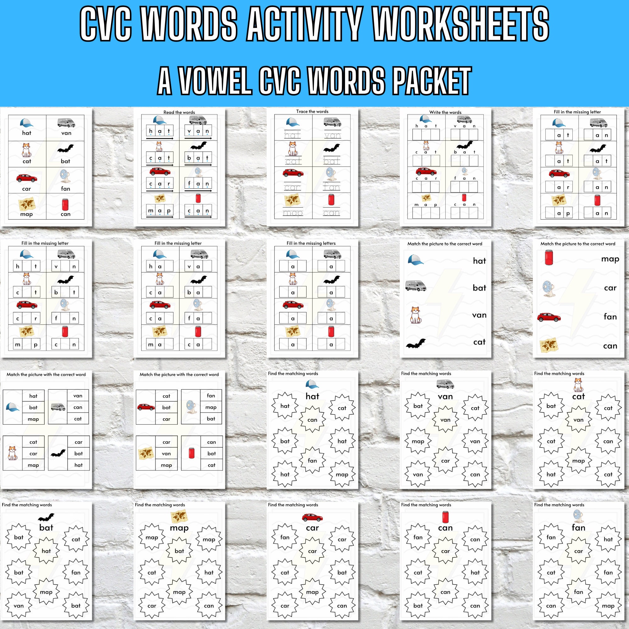 CVC Words Worksheets Bundle, AEIOU Vowel CVC Words With Pictures ...
