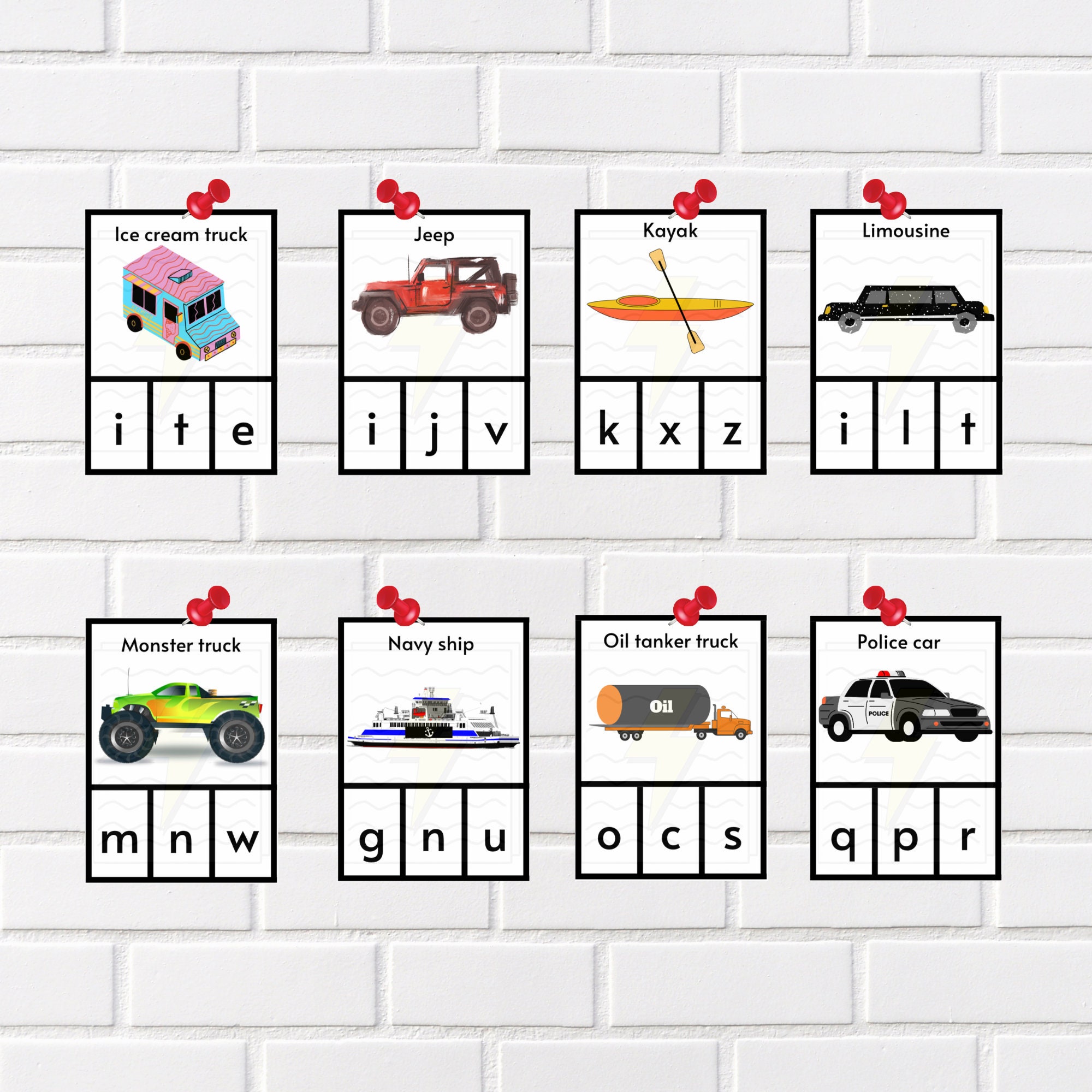 Alphabet Flash Cards, Printable Transportation Vehicle Themed ...