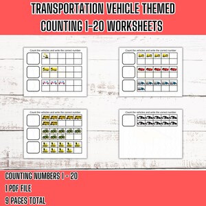 Number Counting Worksheets, Transportation Vehicles, Digital Printable ...