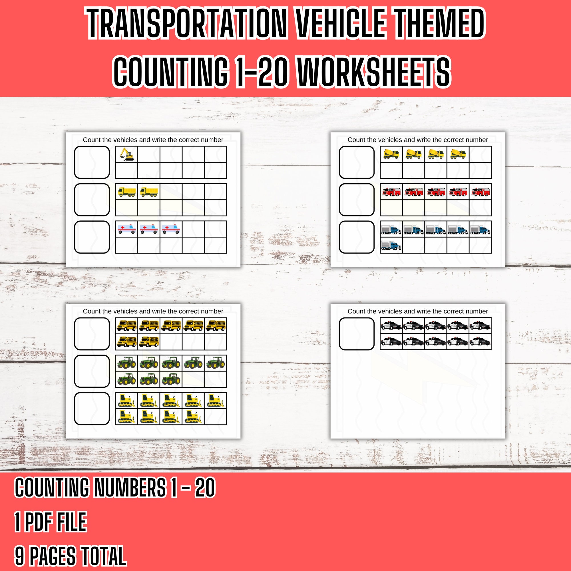Number Counting Worksheets, Transportation Vehicles, Digital Printable ...