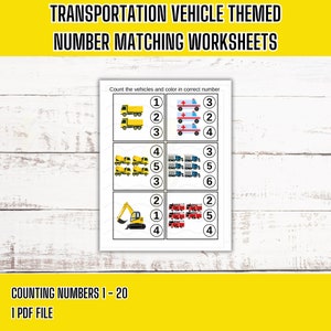 Counting Numbers Worksheets, Transportation Vehicles, Number Matching ...