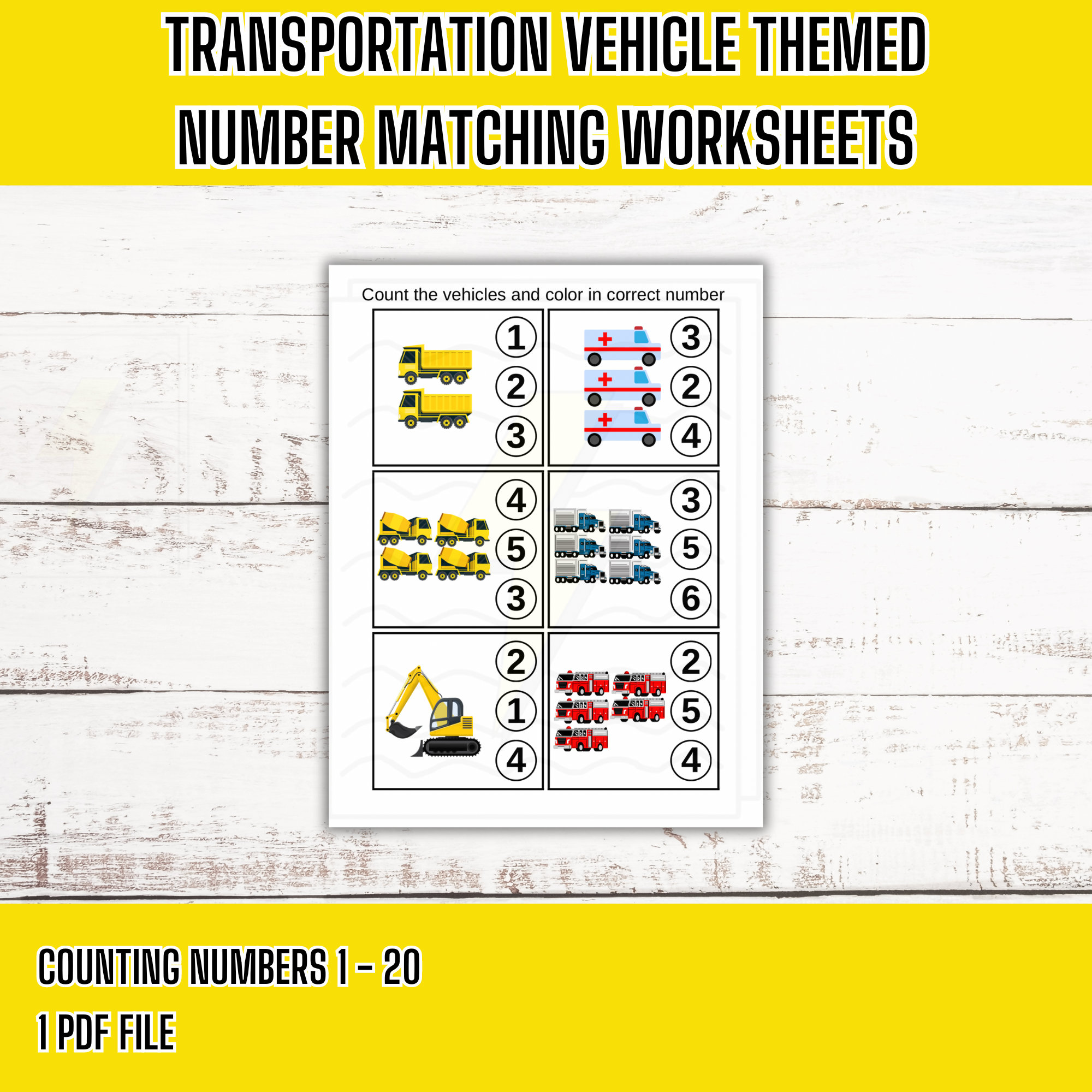 Counting Numbers Worksheets, Transportation Vehicles, Number Matching ...