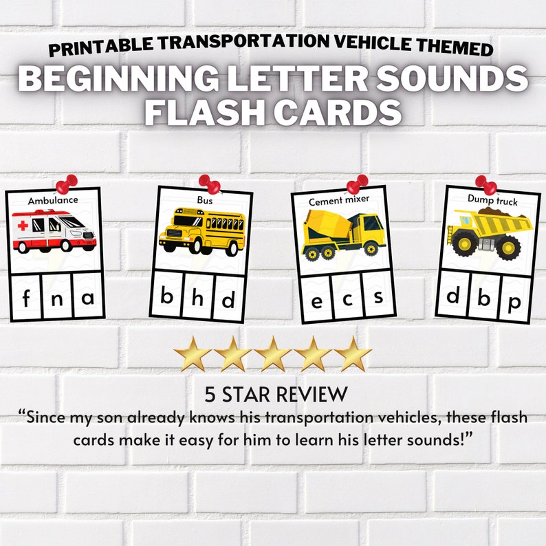 Alphabet Flash Cards, Printable Transportation Vehicle Themed ...
