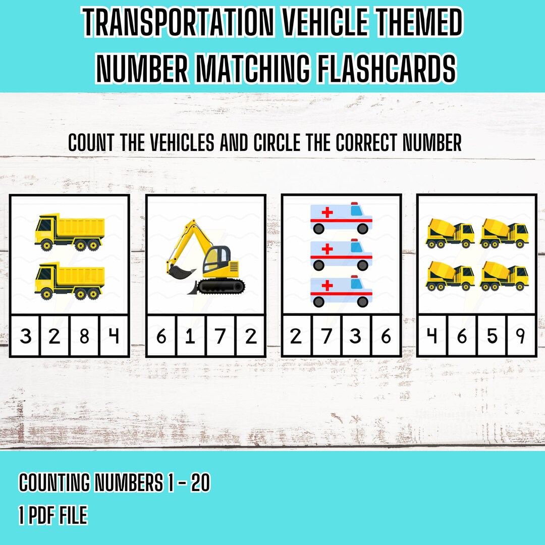 Number Counting Flashcards Transportation Vehicles, Number Matching ...