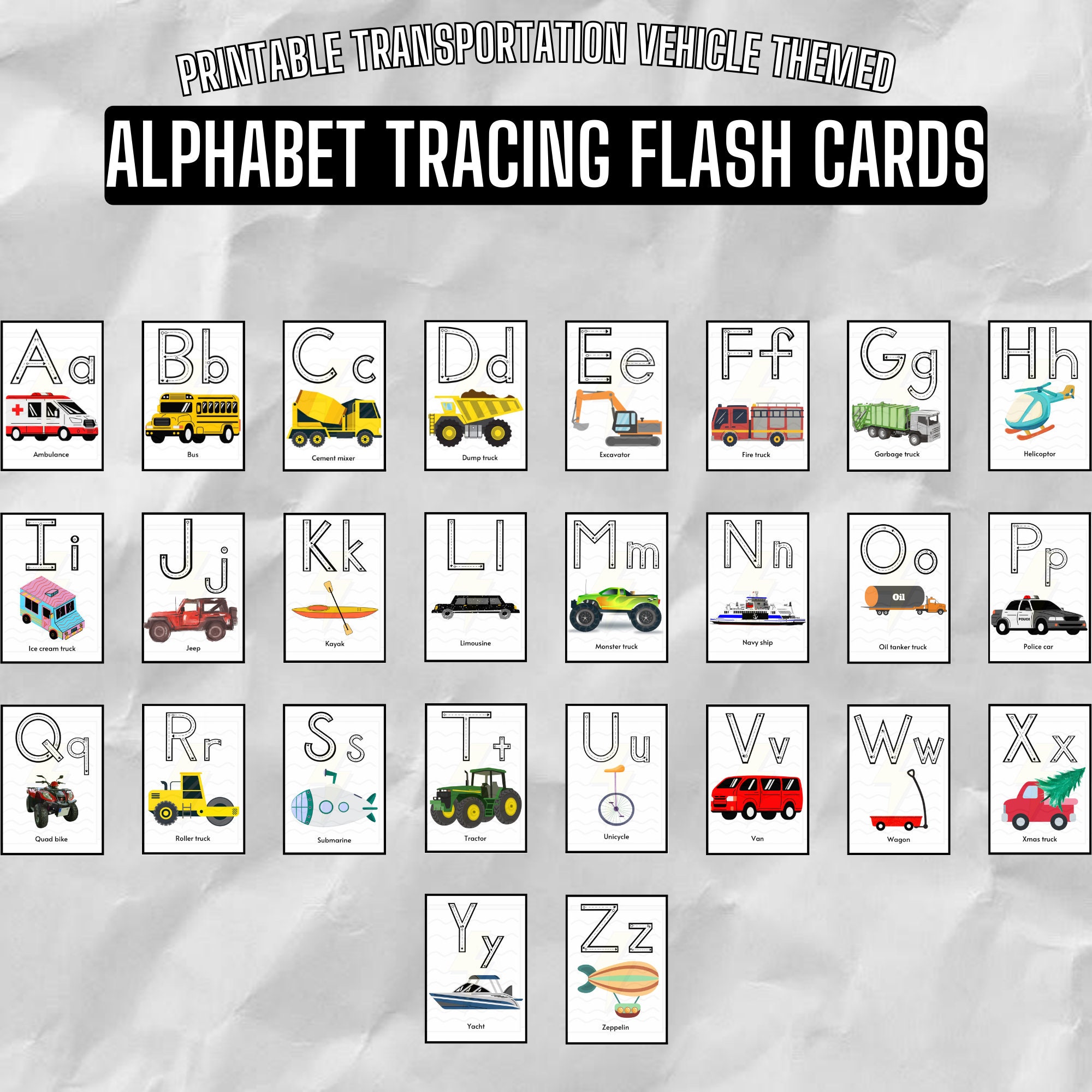 Alphabet Flash Cards, Printable Transportation Vehicle Alphabet Tracing ...