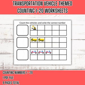 Number Counting Worksheets, Transportation Vehicles, Digital Printable ...