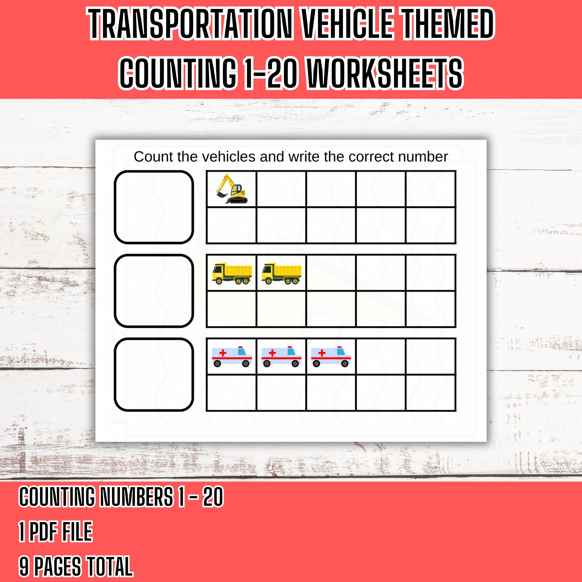 Number Counting Worksheets, Transportation Vehicles, Digital Printable ...