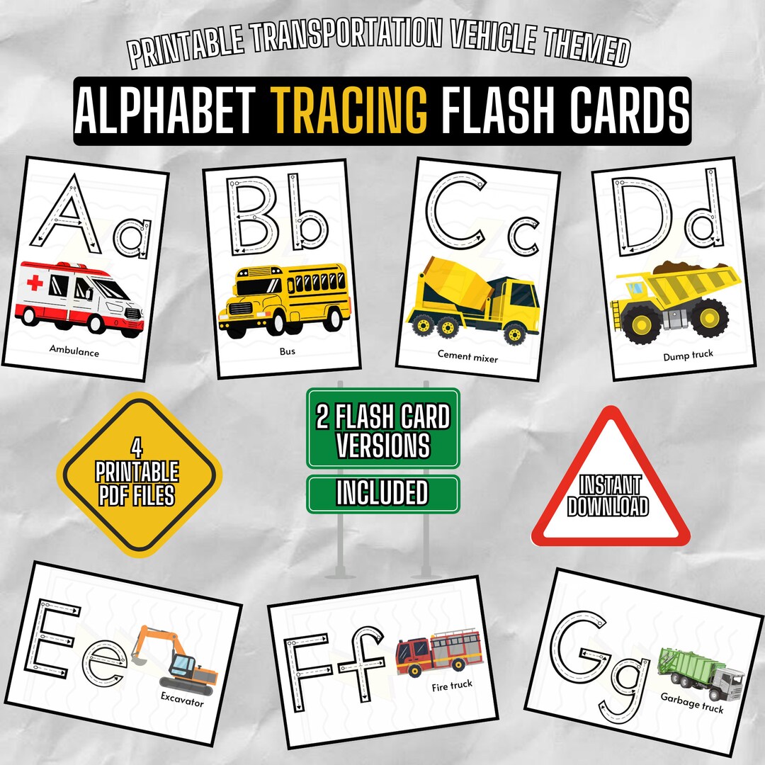 Alphabet Flash Cards, Printable Transportation Vehicle Alphabet Tracing ...