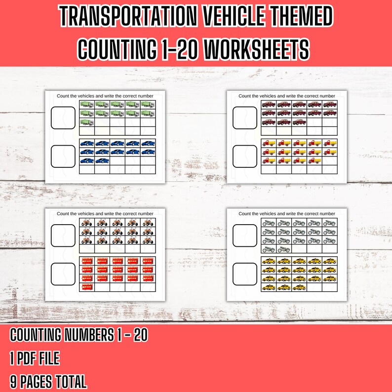 Number Counting Worksheets, Transportation Vehicles, Digital Printable ...