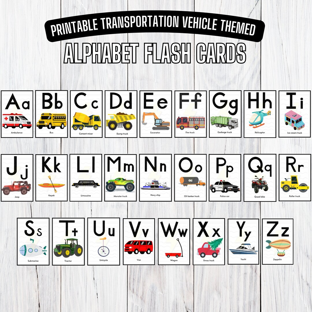 Printable Transportation Vehicle Themed Alphabet Flash Cards, 2 ...