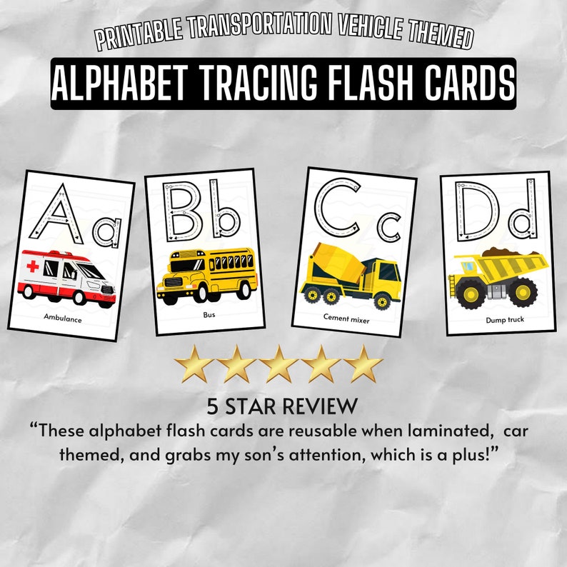 Alphabet Flash Cards, Printable Transportation Vehicle Alphabet Tracing ...