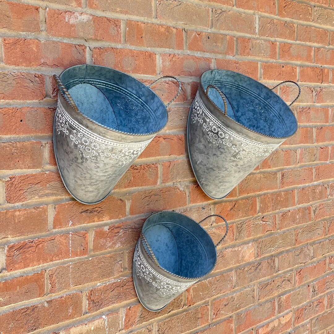 Set of 3 Half Bucket Shaped Wall Mounted Hanging Metal Garden Planters ...