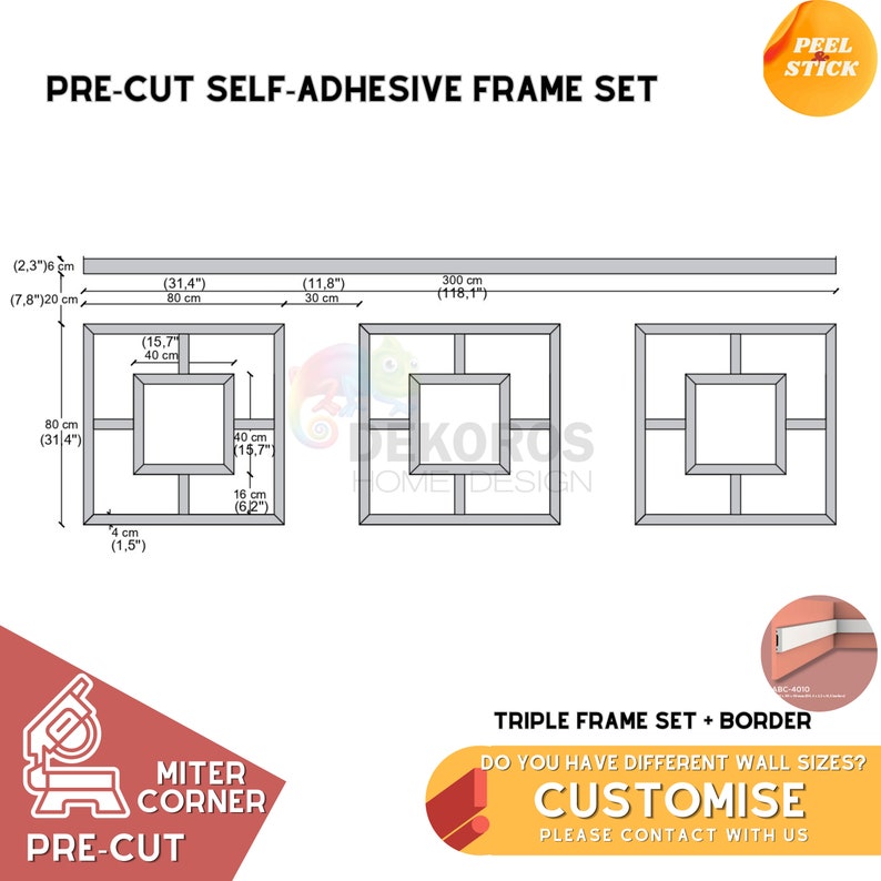 Wall Molding Frame Kit With Wallpaper - 4 Cm Half Mouldings and Border ...