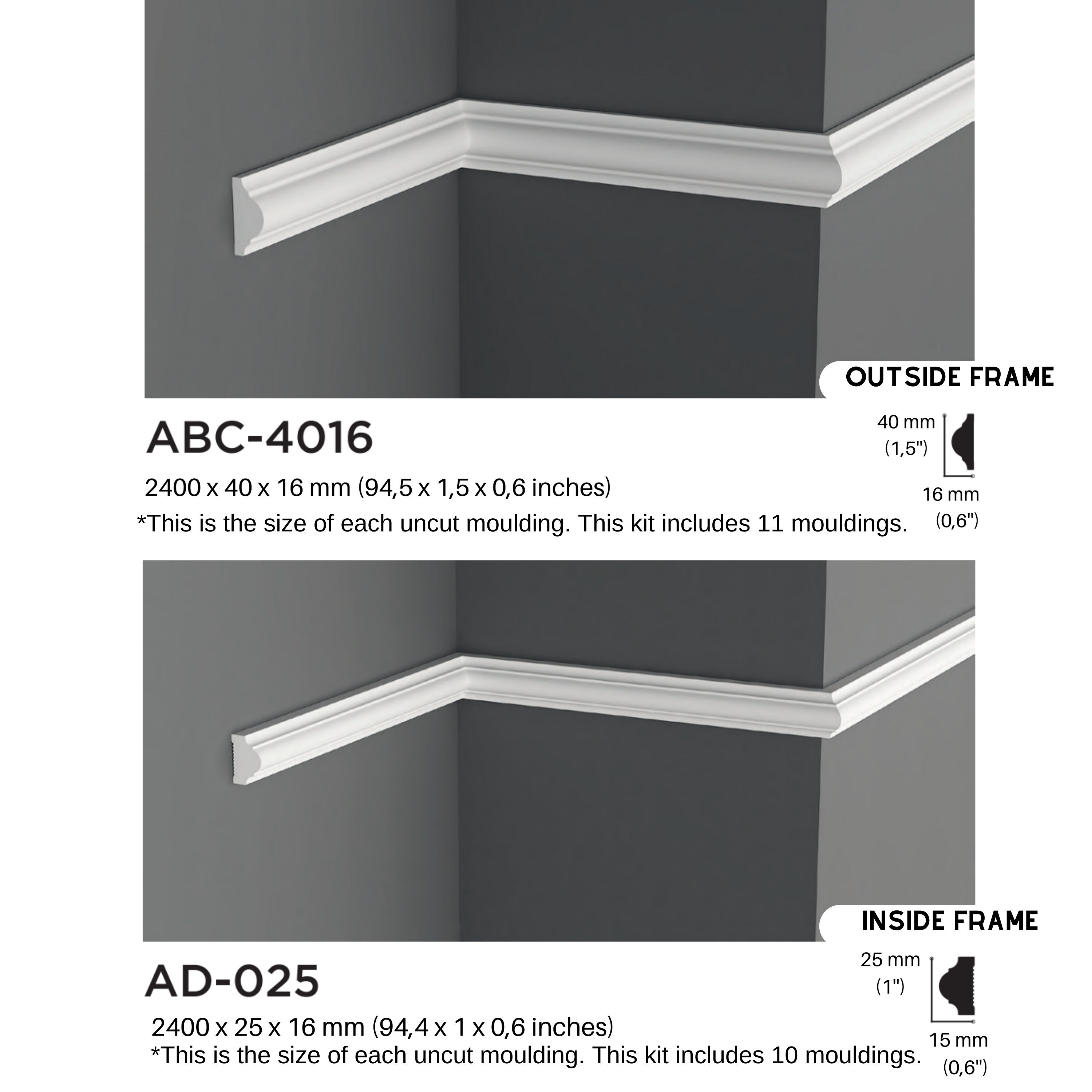 Modern Wall Molding Kit, Pre-cut 4 Cm Mouldings Wall Art - White Wall ...