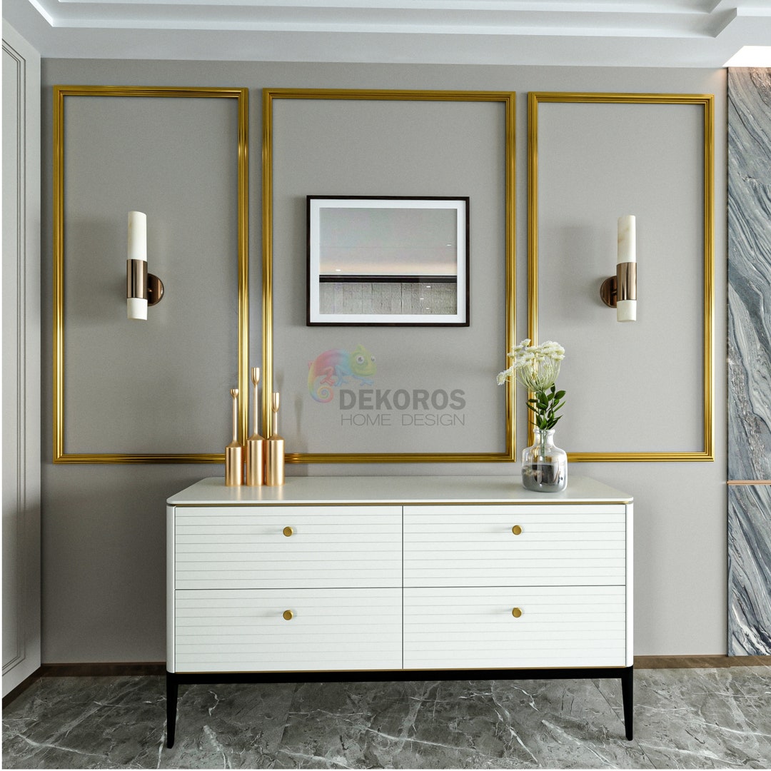 Golden Wall Molding, 4 Cm Mouldings Kit, Gold Panel, Ready Assemble ...