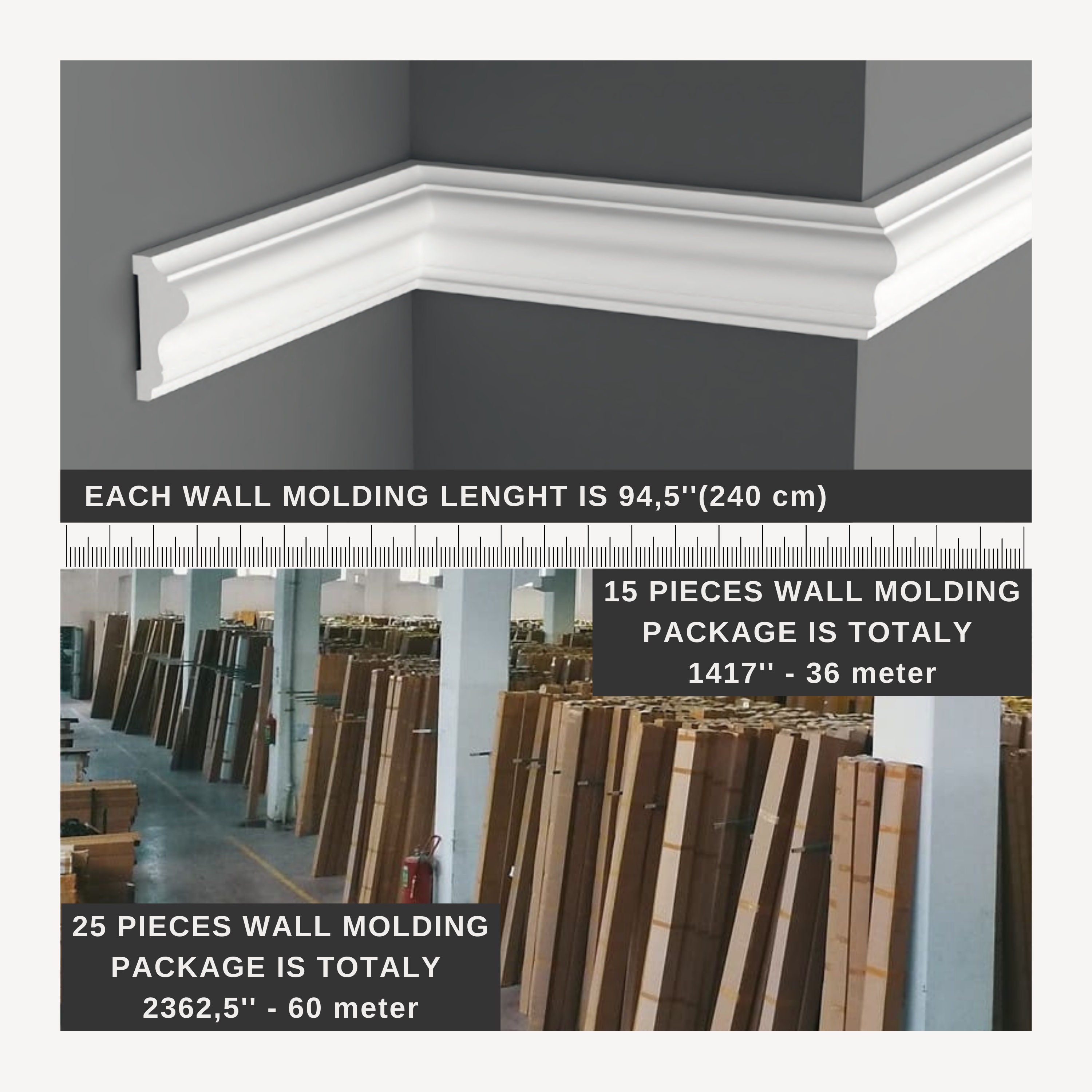 6cm (2,3'') Wall Moldings, Each Moulding is 240x6x2,3 Cm (94,4x2,3x0,9 ...