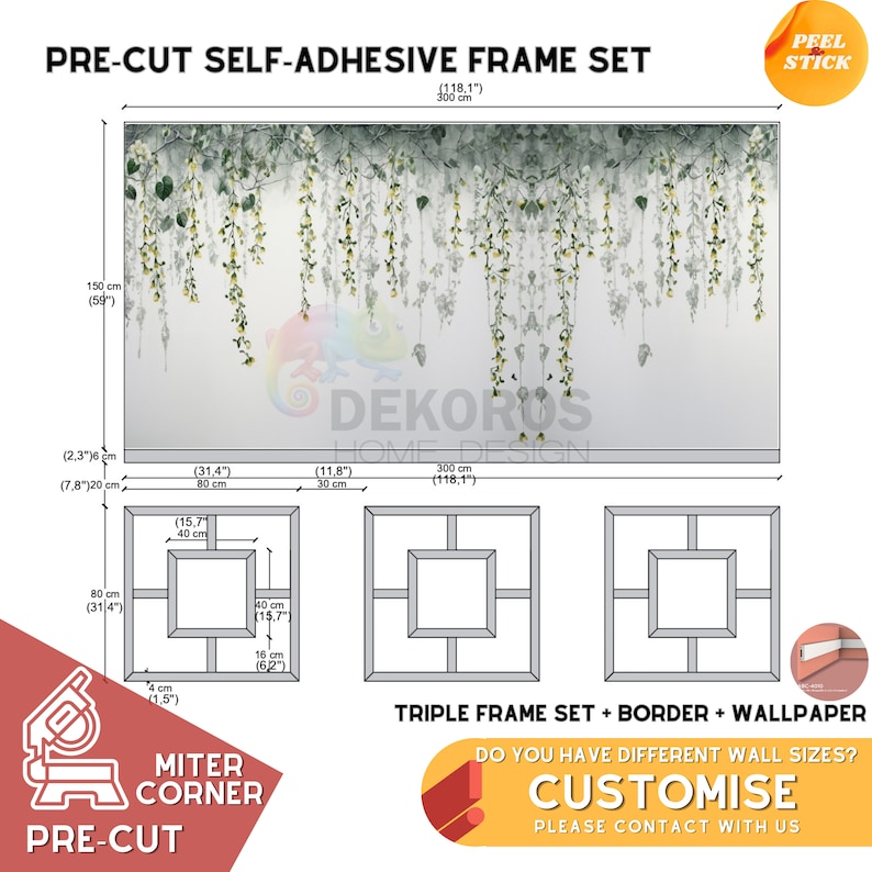 Wall Molding Frame Kit With Wallpaper - 4 Cm Half Mouldings and Border ...