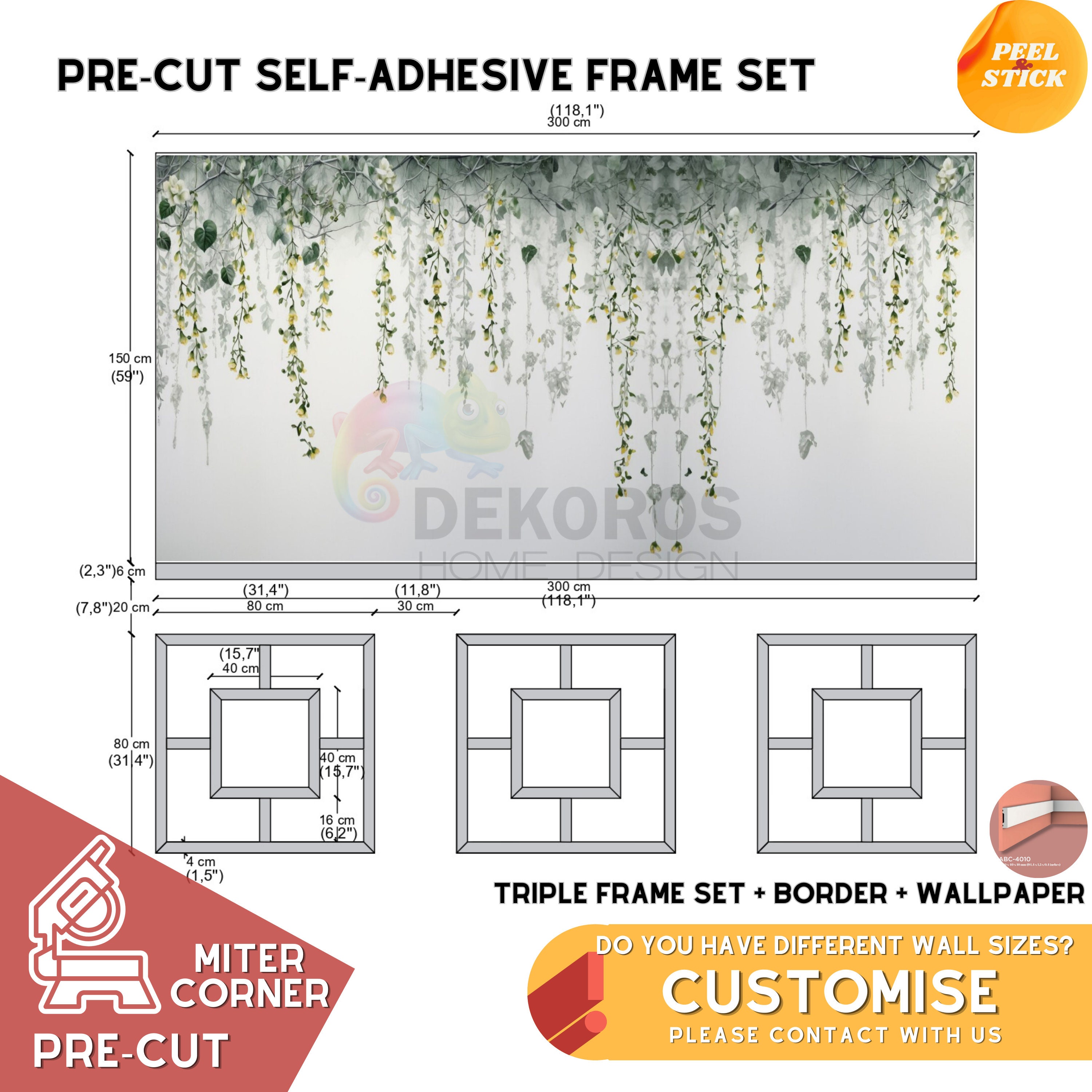 Wall Molding Frame Kit With Wallpaper 4 Cm Half Mouldings and Border ...