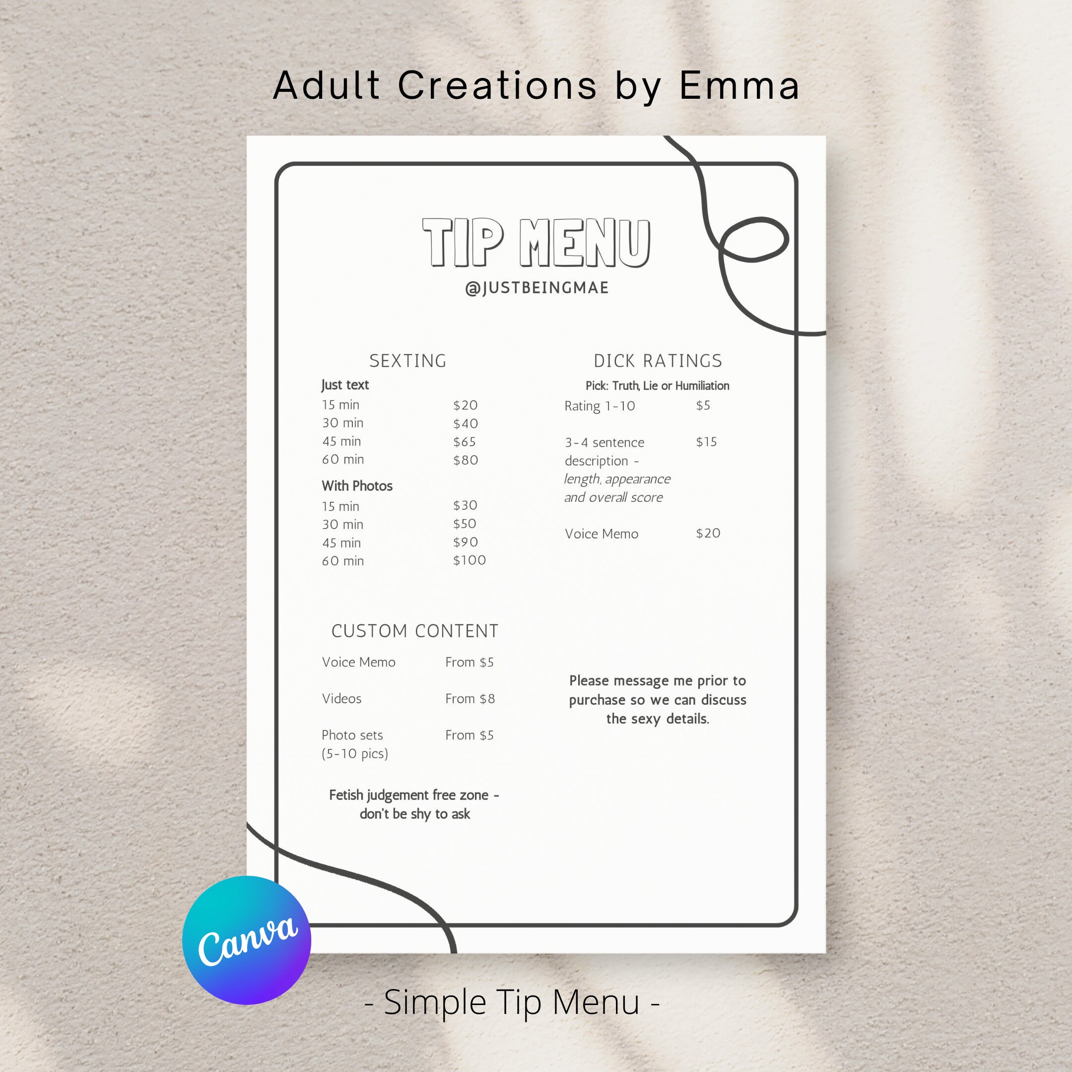 Editable Only Fans Tip Menu Simple Canva Design - Etsy Hong Kong