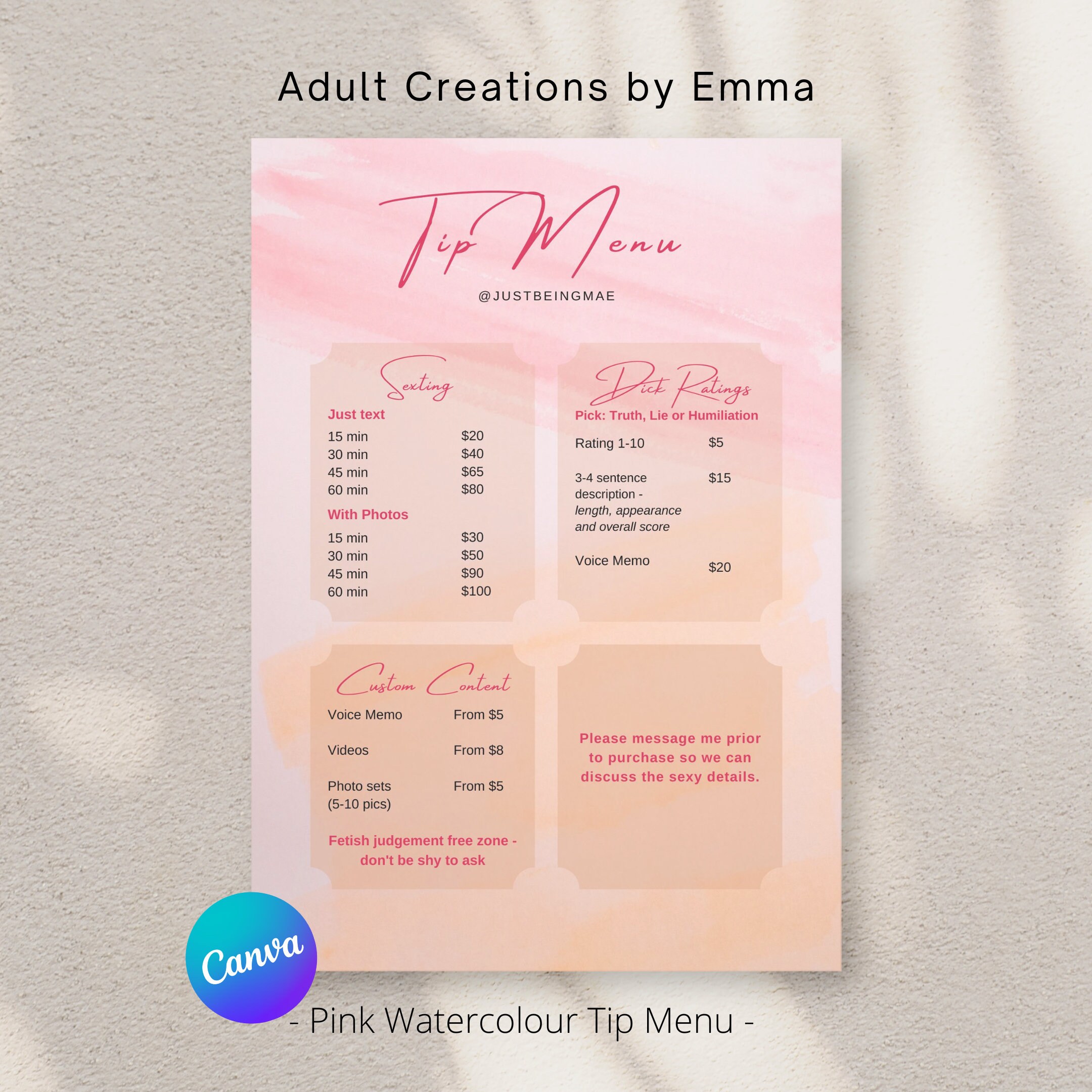 Editable Only Fans Tip Menu CANVA Watercolour Pink Orange - Etsy