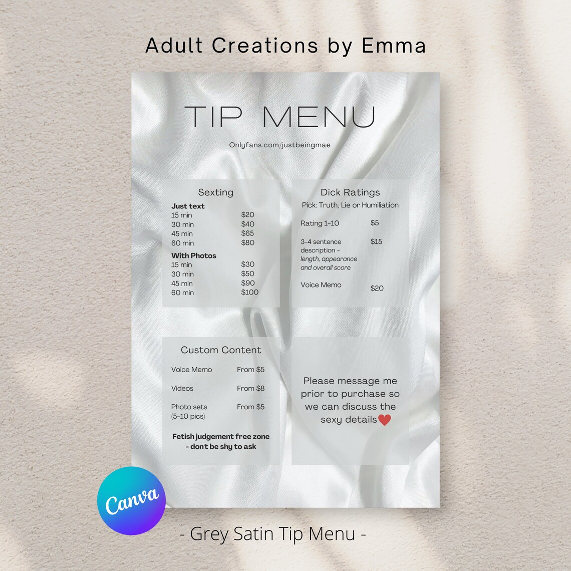 Tip Menu Template Onlyfans, Adult Websites CANVA Grey Satin - Etsy